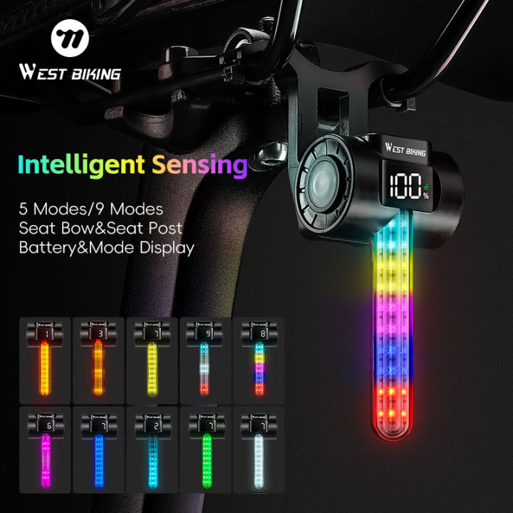 WEST BIKING Colorful Bicycle Rear Light Bar Brake Sensing Digital Power ...