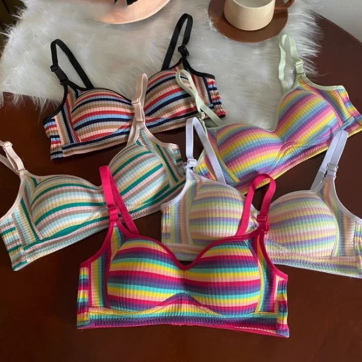 Lingerie Vintage Rainbow Stripes Bra Gathered Crop Top Underwear Push ...