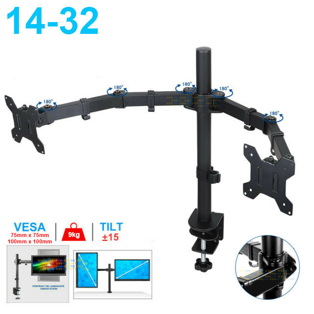 Dual Monitor Table Bracket Holder Stand 10"-32" Desktop Clamping Full ...