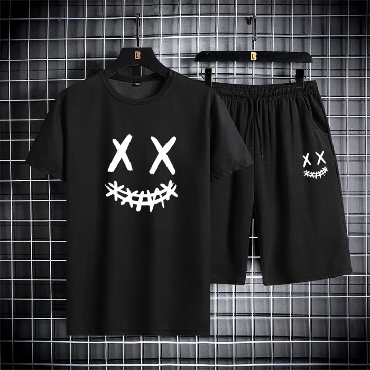 set, NE sleeve tracksuit, trendy men's short fashion smiley face print ...