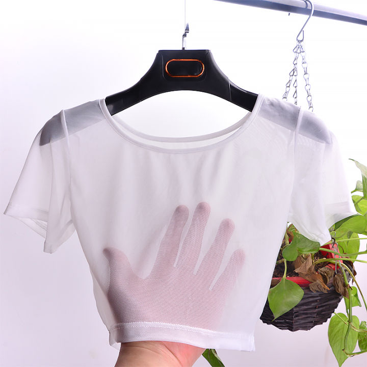See-through Half Mesh Base Shirt Womens Short-Sleeved T-shirt Inner ...