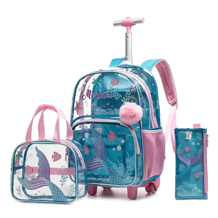Girls Mermaid Rolling Backpack Cartoon Travel Clear Bookbag Mochilas 3 ...