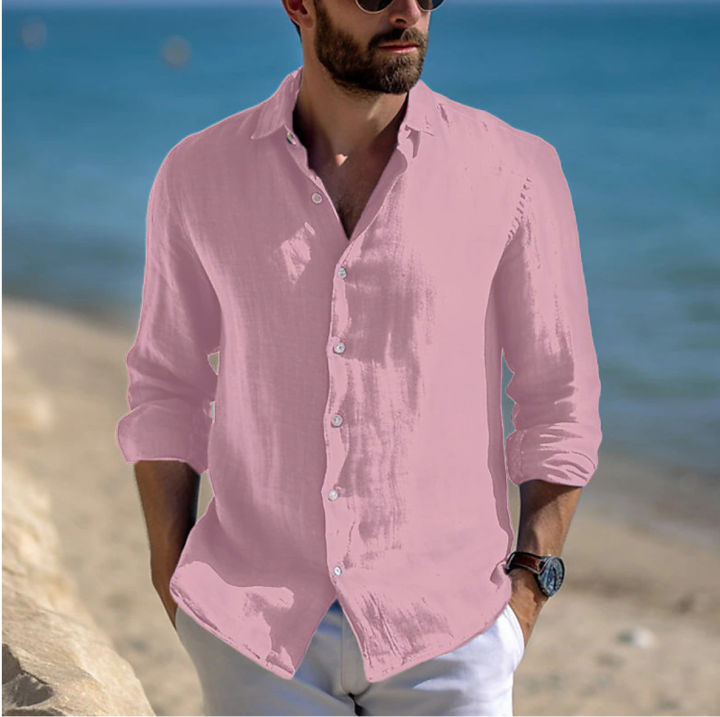 Spring/summer Men's Button-down Shirt Summer Long-sleeved Plain Lapel ...