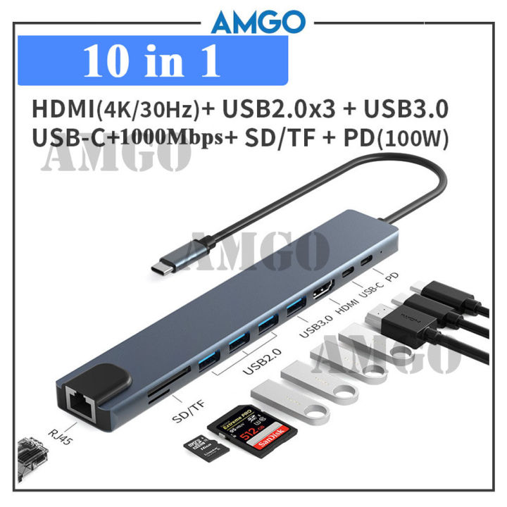 AMGO USB C Hub Adapter 4K 30Hz HDMI Port Gigabit Ethernet LAN RJ45 USB ...
