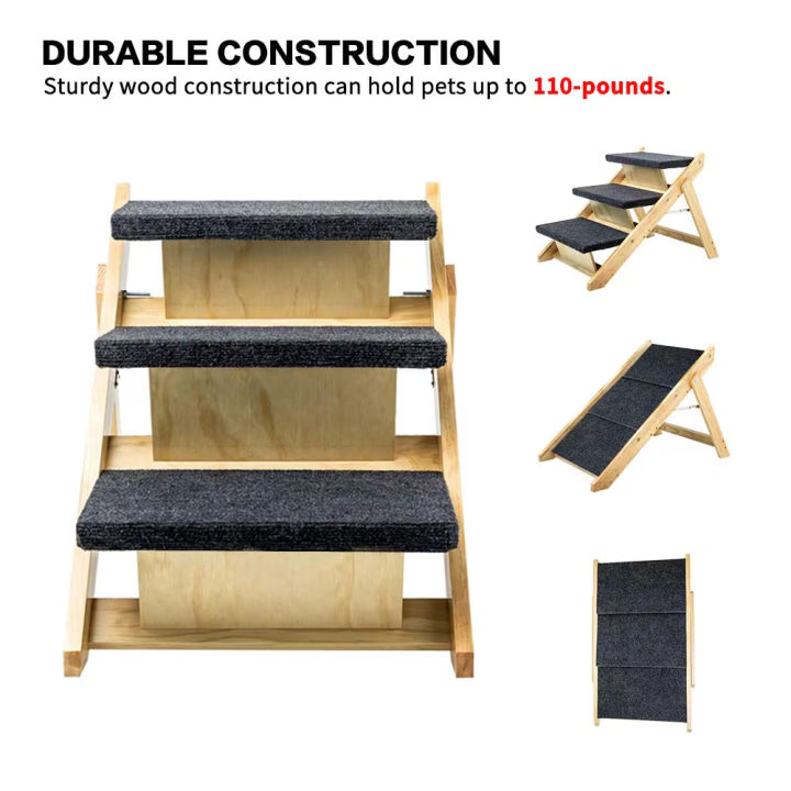 Foldable Wooden Pet Stairs 3Layer Ramp, Portable for Bed/Car, Holds ...