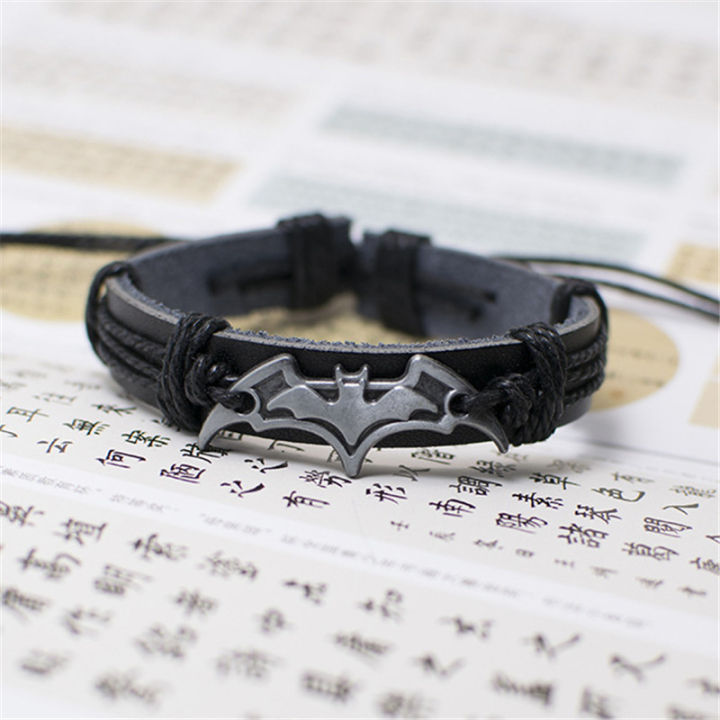 Vintage Black Leather Bat Bracelet For Women Men Handmade Rope Chain ...