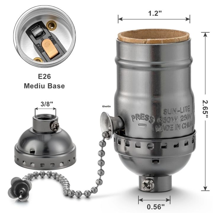 Vintage E26/E27 Lamp Socket with Pull Chain Switch, 3-Pack Black Bulb ...