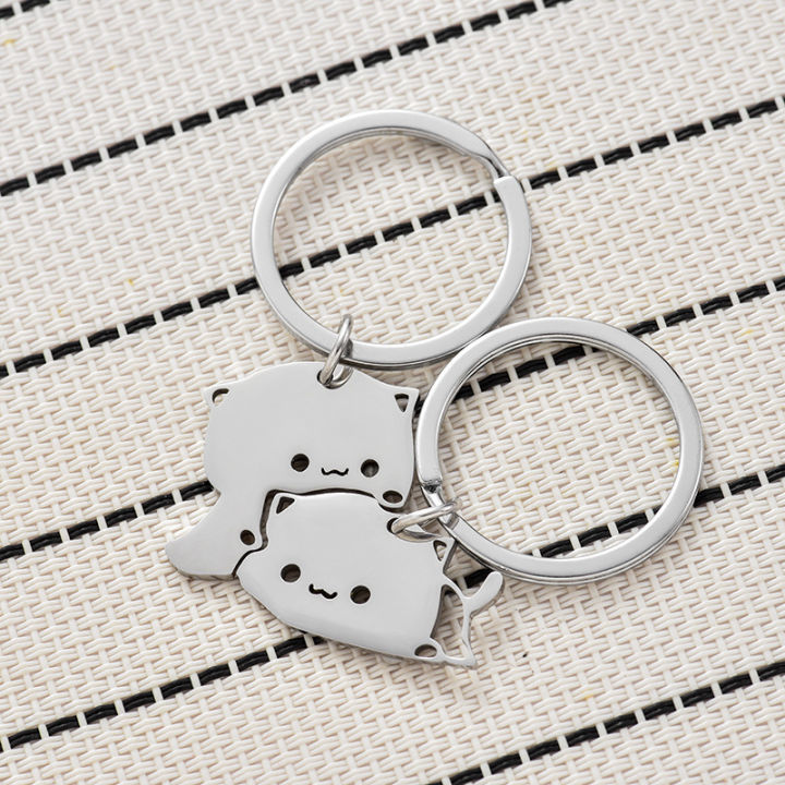 Cute Cartoon Cat Keychain Couple Lovers Stainless Steel Matching ...