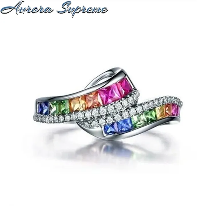 Women Ring Geometric Women Rainbow Colored Faux Gemstone Fashion Ring ...