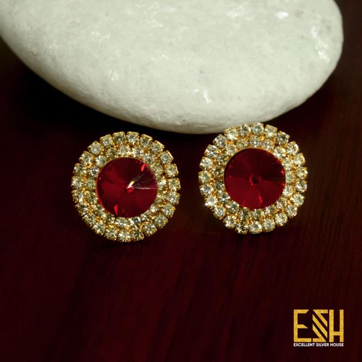 Gold plated Round Shape Earring With Two line Stone ( Any Colour ...