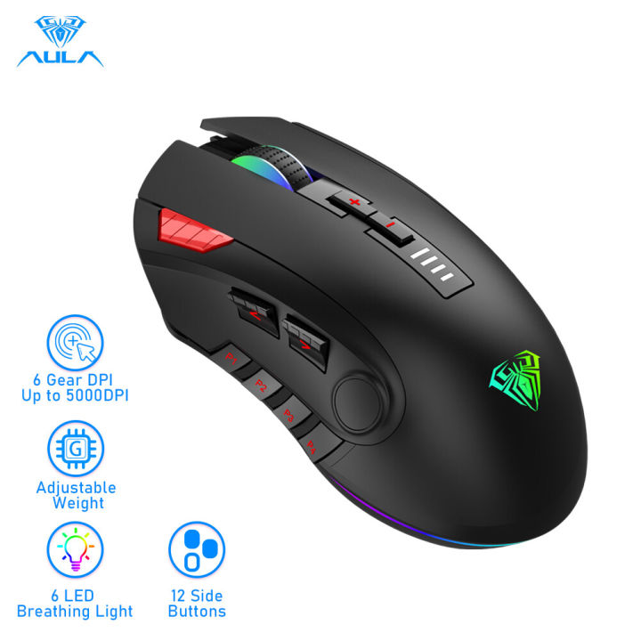 AULA H512 Gaming Mouse 6 Programmabl Side Buttons Colorful Lighting ...