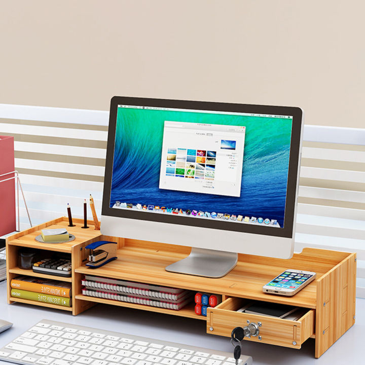 Adjustable Monitor Riser Stand Wooden Keyboard Mouse Holder Desk ...