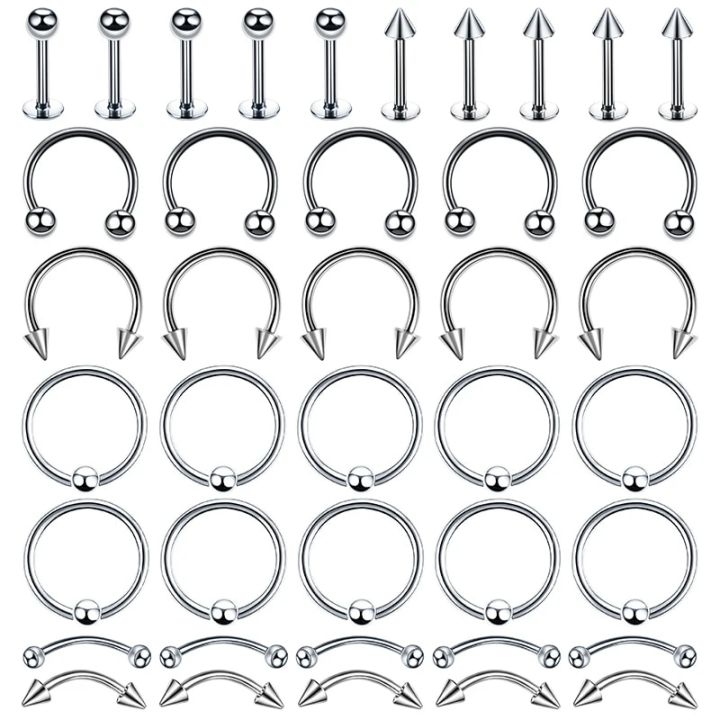 40Pcs Surgical Steel Body Piercing Jewelry Lot Bulk Nose Ring Tongue ...