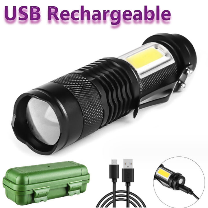 COB Mini Zoom Strong Light Rechargeable LED Flashlight Use XPE Lamp ...