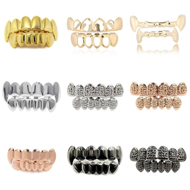 Hip Hop Teeth Grillz Set For Unisex Top Bottom Mouth Gold Silver Color ...
