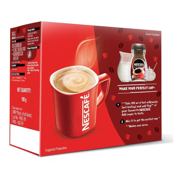 NESCAFE Classic Instant Coffee Powder with a FREE Red Mug, 190g | Made ...