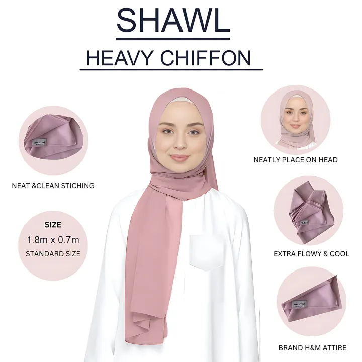 SHAWL HEAVY CHIFFON Panjang tudung (180cm x 70cm) warna hitam, putih ...