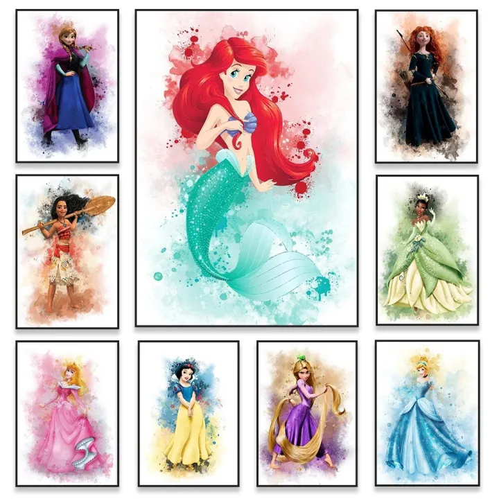 Princess Watercolour Prints Disney Princess Poster Cartoon Wall Decor ...