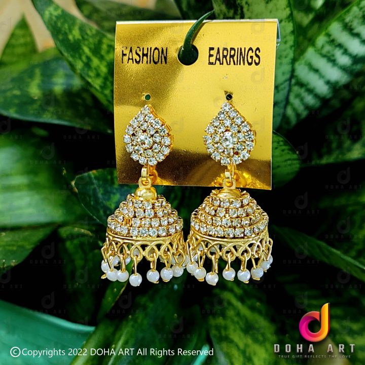 Gold Plated Jimikki Earrings With Fixed Stone Gift For Women | Daraz.lk