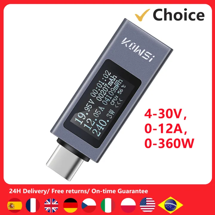 Type-C Cellphone Charging Tester 0-12A 4-30V 0-360W PD DC Voltmeter ...