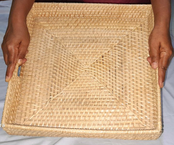 Rattan bread basket (square cane tray) with handles. | Daraz.lk