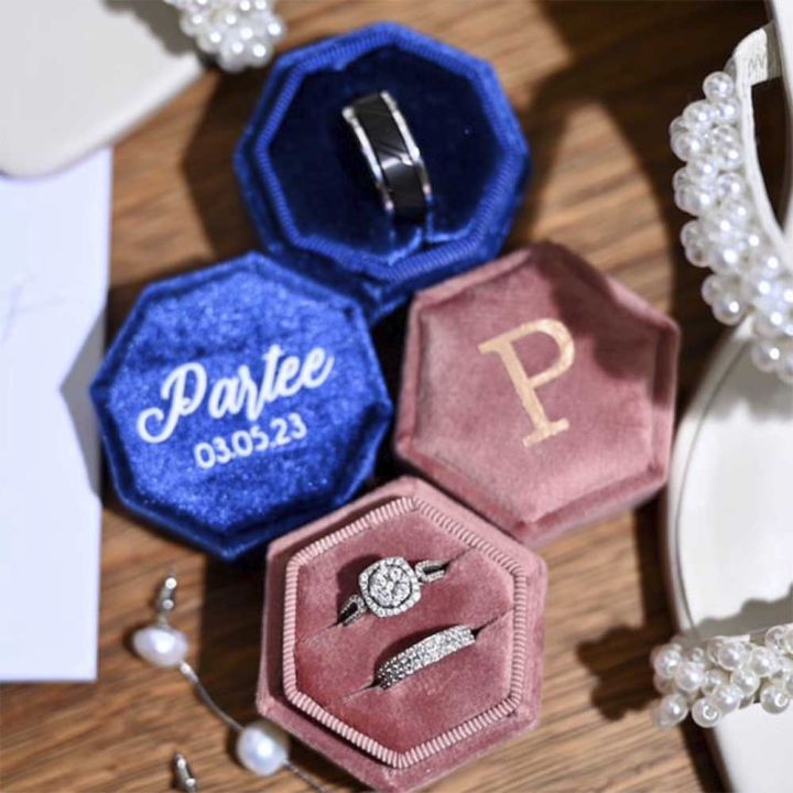 Single/double Slot Hexagonal Velvet Ring Box Custom Engagement Bride ...