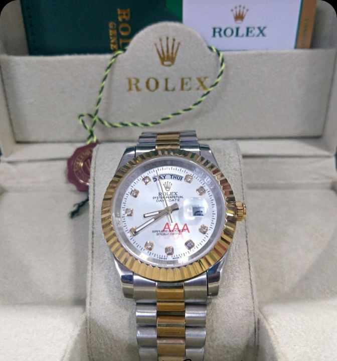 Rolex oyster perpetual automatic date-day white dial silver chain watch ...