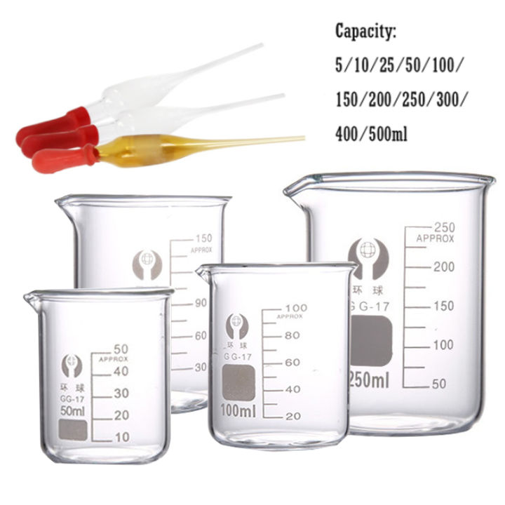 50ml- 500ml Glass Low Form Beaker With 30ml Glass Dropper Chemistry Lab ...