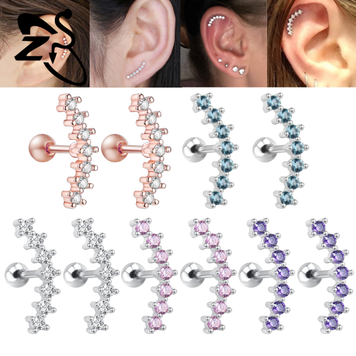 316L Stainless Steel Stud Earrings Curve Seven CZ Ear Crawlers Climbers ...