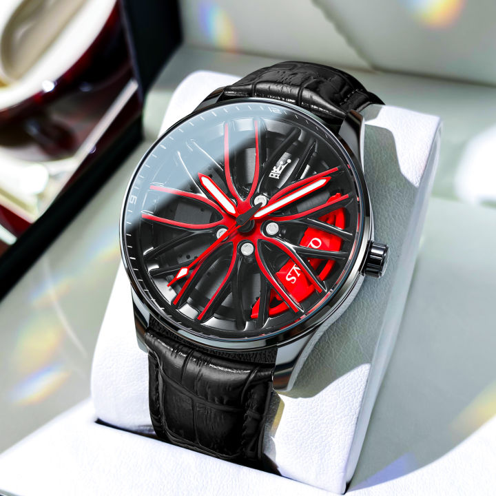OLEVS Car Rim Luxury Mens Watch Spinning Wheel Hub Original Quartz Men's Watches Leather Strap ...