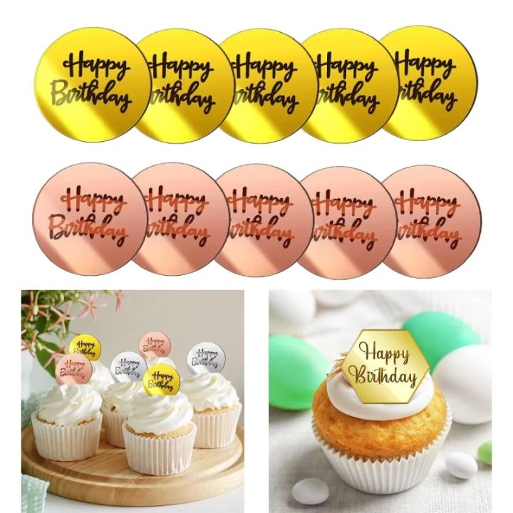 Happy Birthday Cupcake Toppers Rose Gold Silver Acrylic Circle Dessert ...