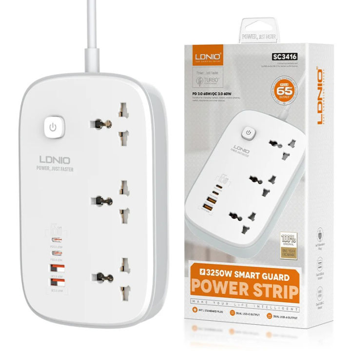 LDNIO SC3416 – 3250W Power Strip with 3 Universal Outlets, 2 USB-A + 2 ...