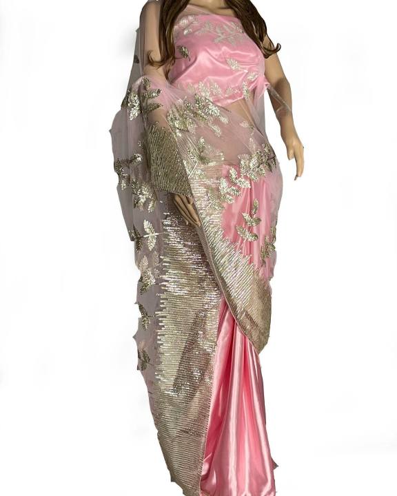 Silver work with net fall and Satin Saree | Daraz.lk