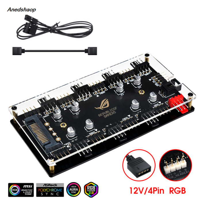 Anedshaop 12V 4Pin RGB 5V 3 pin ARGB Cable Splitter Hub SATA/4D Powered ...