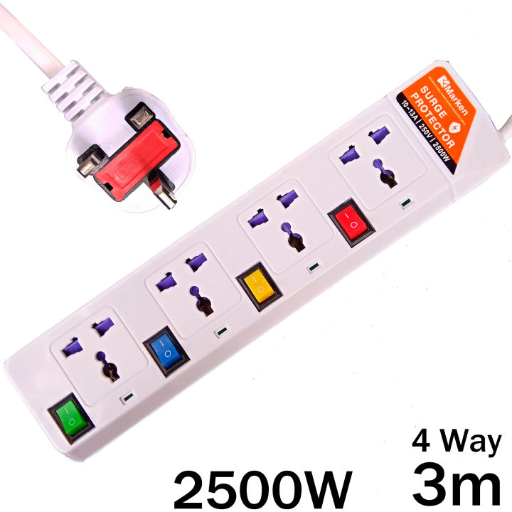 2500W Power Strip 3m 4 Way Sockets Surge Protector Wirecode AC Plug ...