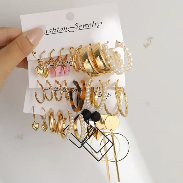 15Pcs Set Of Lady Earrings Geometric Acrylic Pink Butterfly Square Fake ...