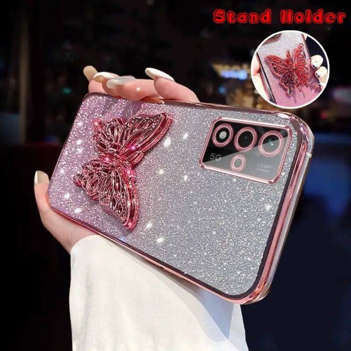 For Samsung Galaxy A05 A05s A04 A04e A04s Back Cover with Cute Butterfly Stand Luxury 6D Plating ...