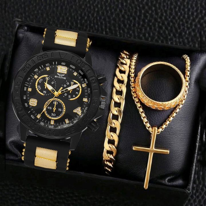 Men's 4PCS Watch Set Fashion Casual Rubber Three-dial Quartz Watch Free ...