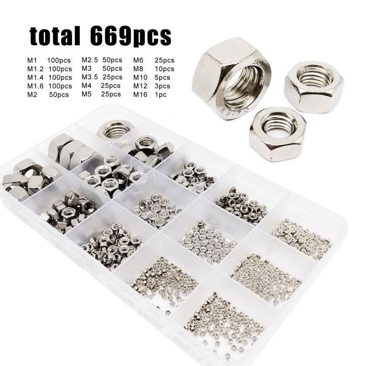 669pcs/box M1 M1.2 M1.4 M1.6 M2 M2.5 M3 M4 M5 M6 M8 M10 M12 M16 Set Assortment Kit DIN934 304 A2 ...
