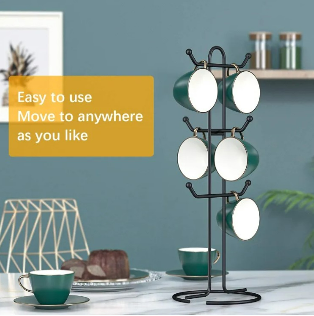 Mug Tree Holder Stand, 6-Hook Coffee Tea Cup Rack for Kitchen ...