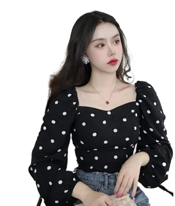 Women’s Black Polka Dot Blouse – Long Sleeve Puff Shoulder Top | Daraz.lk