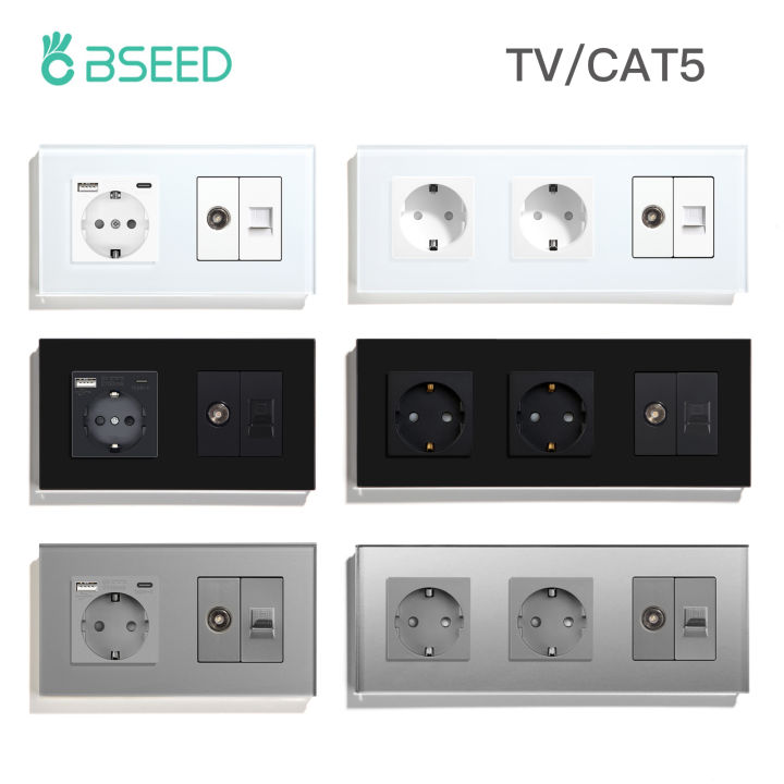 BSEED TV CAT5 With EU Socket Double Wall Sockets TV Internet RJ45 PC ...