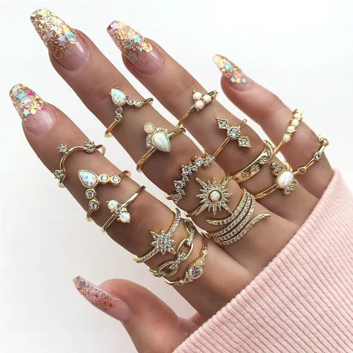 17Pcs/Set Women Rhinestone Inlaid Flower Finger Ring For Girls Party ...