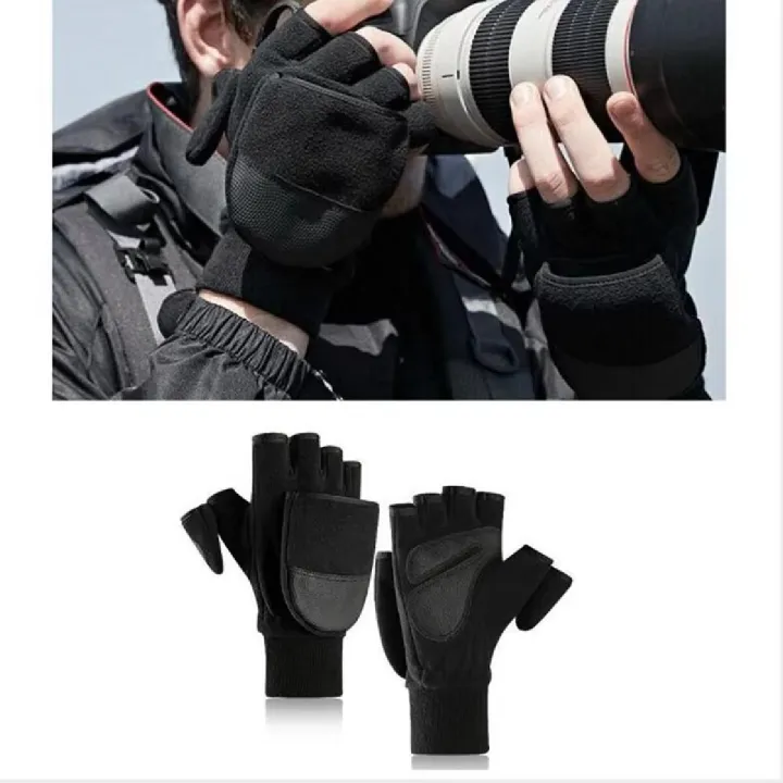 Winter Flip Cover Black Fishing Gloves Half Finger Anti-Slip Breathable ...