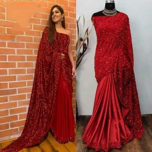New Red Sequence Ruffle Saree with Sequence Boarder | Daraz.lk