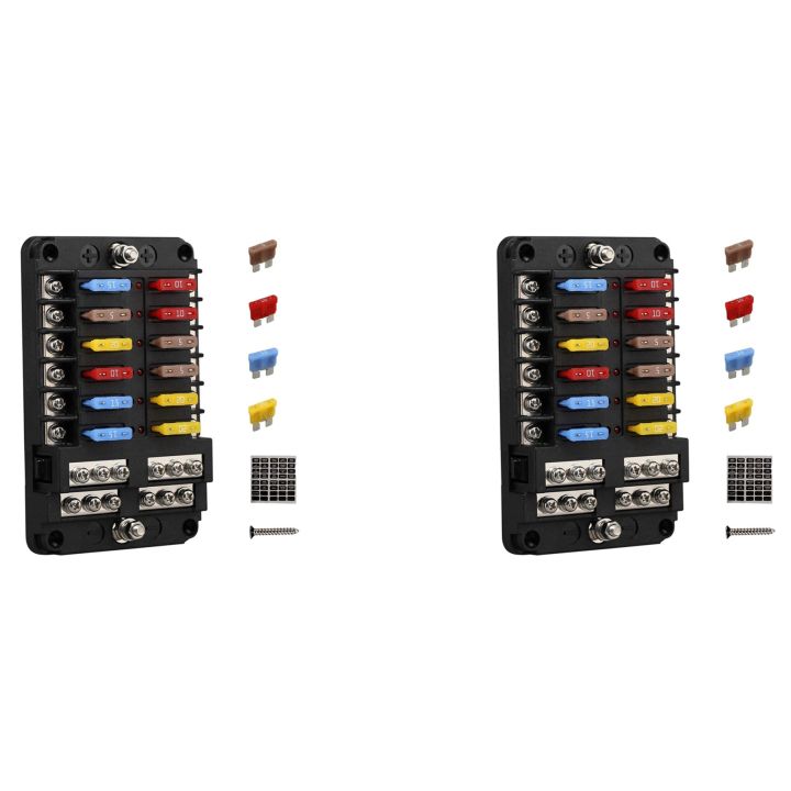 2X 12V 12 Way Marine Fuse Block Fuse Panel with Ground & 12 Volt Fuse ...