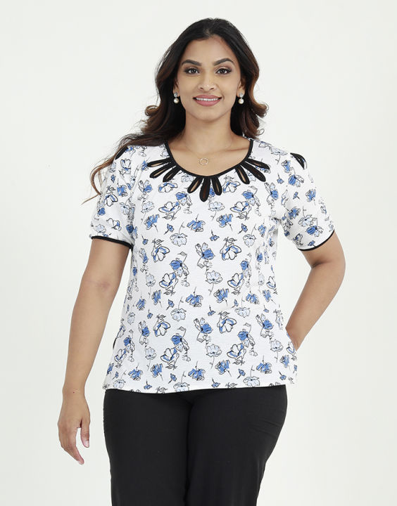 Spring and Summer Printed Top with Contrasting Piping Detail | Daraz.lk