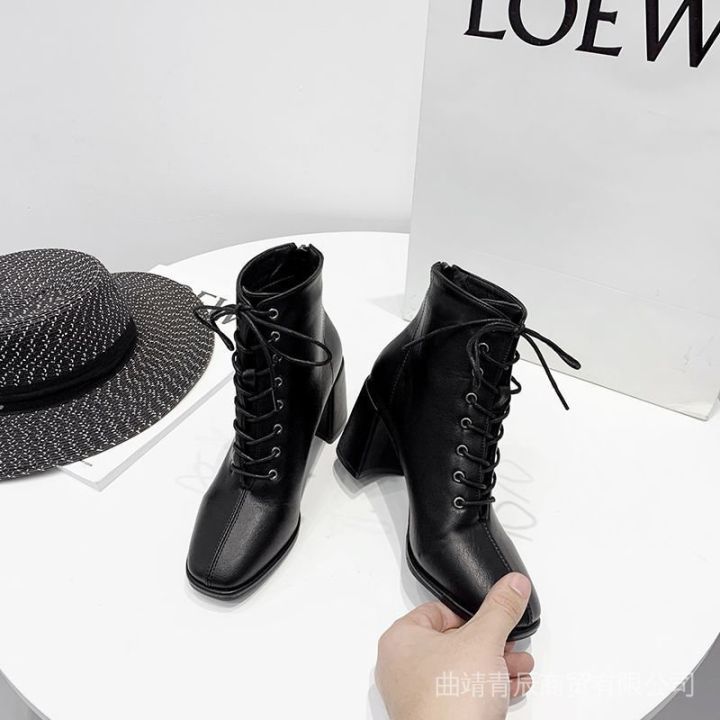 Lace-up High Heel Women's Shoes Short Boots Women's Autumn and Winter ...