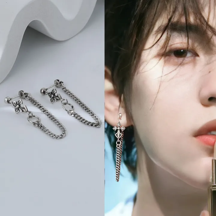 【Hottest Trends】Men's Earrings Long Cross Chain Earrings Simple Retro ...