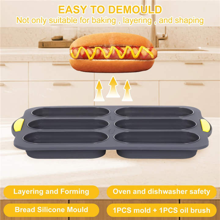 2X Silicone Pan, Hot Dog Bun Pan with Oil Brush,6 Gutter Nonstick ...